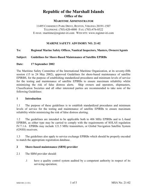 MSAdvisory 21-02 - Marshall Islands Ship and Corporate Registry