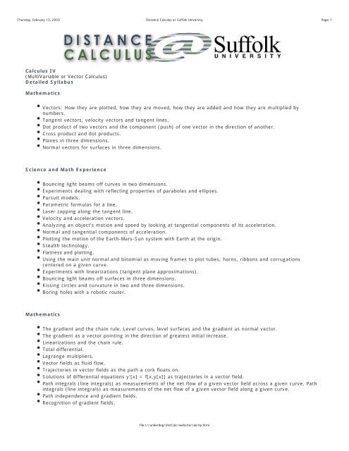 (MultiVariable or Vector Calculus) Detailed Syllabus Mathematics ... (MultiVariable or Vector Calculus) Detailed Syllabus Mathematics ...