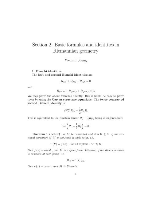 Section 2. Basic formulas and identities in Riemannian geometry