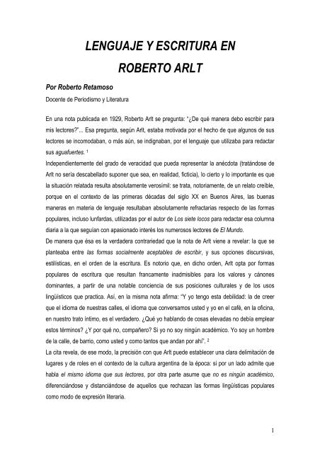 LENGUAJE Y ESCRITURA EN ROBERTO ARLT