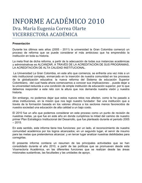 Informe AcadÉmico 2010 Universidad La Gran Colombia