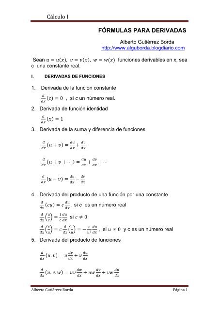 Cálculo I FÓRMULAS PARA DERIVADAS - Blogdiario