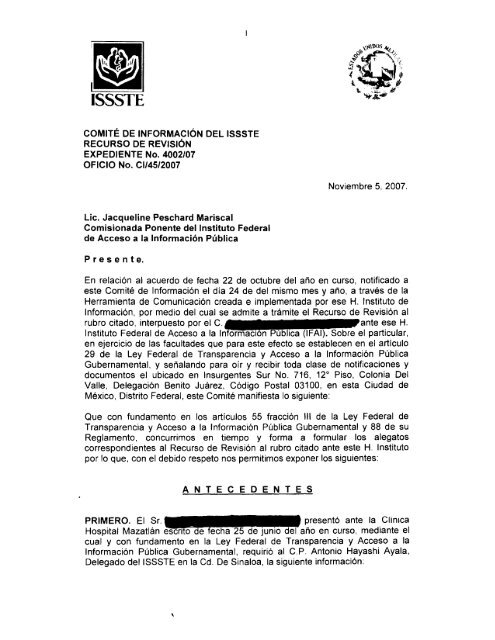 Recurso No. 4002/07 s/n de solicitud - issste