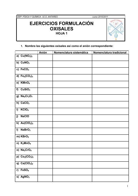 EJERCICIOS FORMULACIÓN OXISALES - IES Antares
