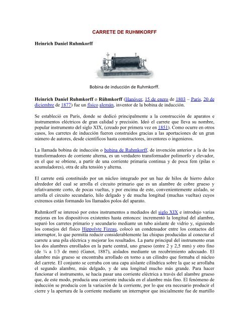 CARRETE DE RUHMKORFF Heinrich Daniel Ruhmkorff Bobina de ...