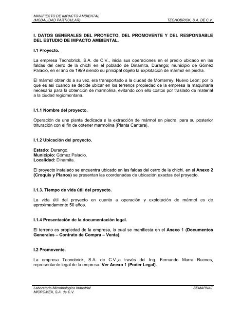 I. DATOS GENERALES DEL PROYECTO, DEL ... - sinat - Semarnat