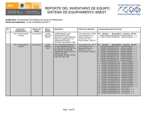 reporte del inventario de equipo sistema de equipamiento snest