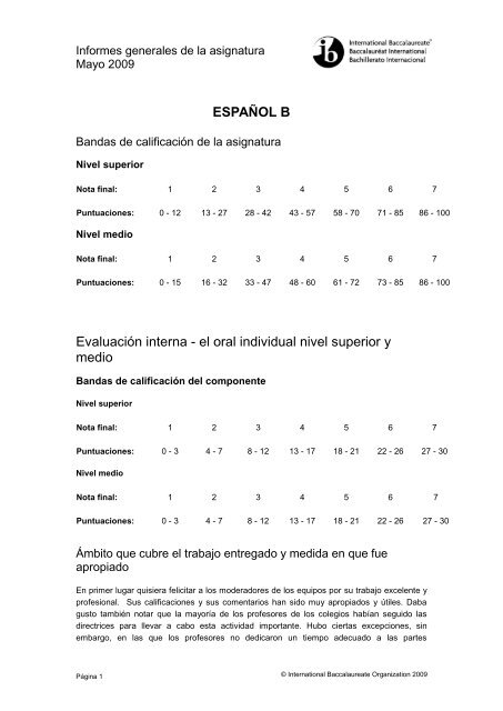 ESPAÑOL B Evaluación interna - el oral individual nivel superior y ...