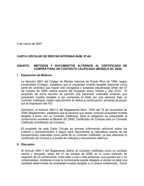 Carta circular de Rentas Internas - Departamento de Hacienda