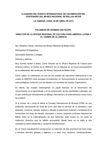Discurso del Sr. Herman van Hooff, Director de la Oficina ... - Unesco