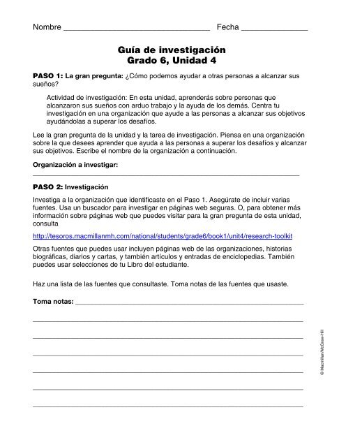 Guía de investigación Grado 6, Unidad 4 - McGraw-Hill - Macmillan ...