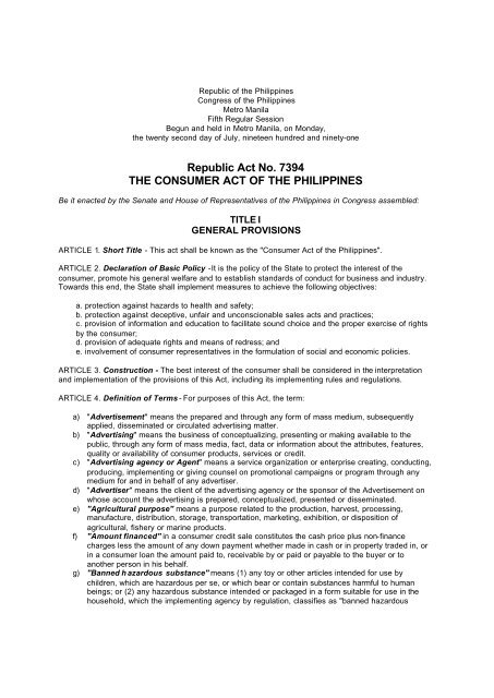 RA 7394 - Consumer Act