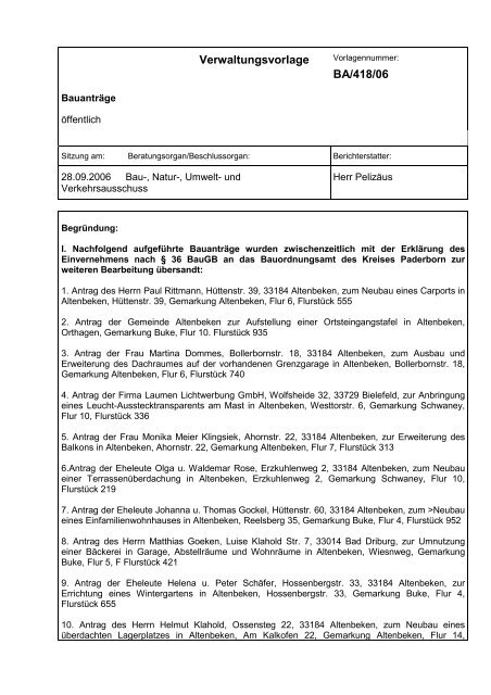 Verwaltungsvorlage BA/418/06 - Gemeinde Altenbeken