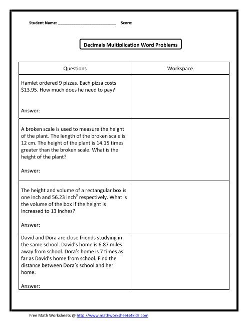 Decimal Word Problems Multiplication Math Worksheets For Kids