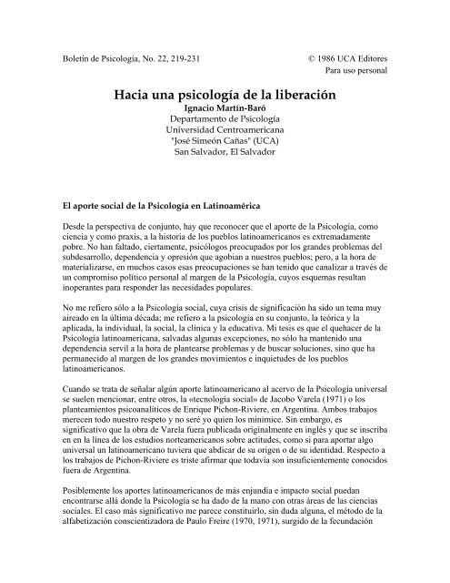 Martín - Baró, Ignacio: "Hacia una psicología de la liberación"