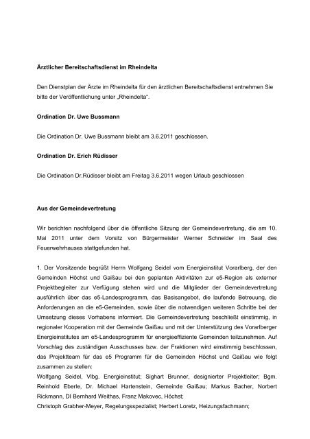 Ärztlicher Bereitschaftsdienst im Rheindelta Den ... - Gemeinde Höchst Ärztlicher Bereitschaftsdienst im Rheindelta Den ... - Gemeinde Höchst