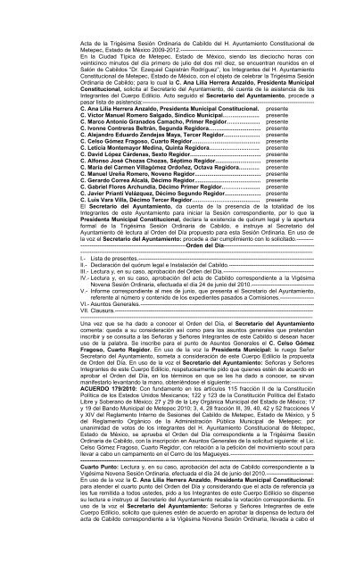 Acta de la Trigésima Sesión Ordinaria de Cabildo - Metepec