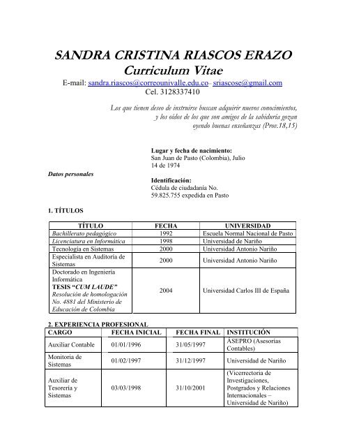 SANDRA CRISTINA RIASCOS ERAZO Curriculum Vitae