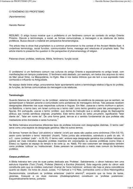 O fenômeno do Profetismo - Haroldo Reimer