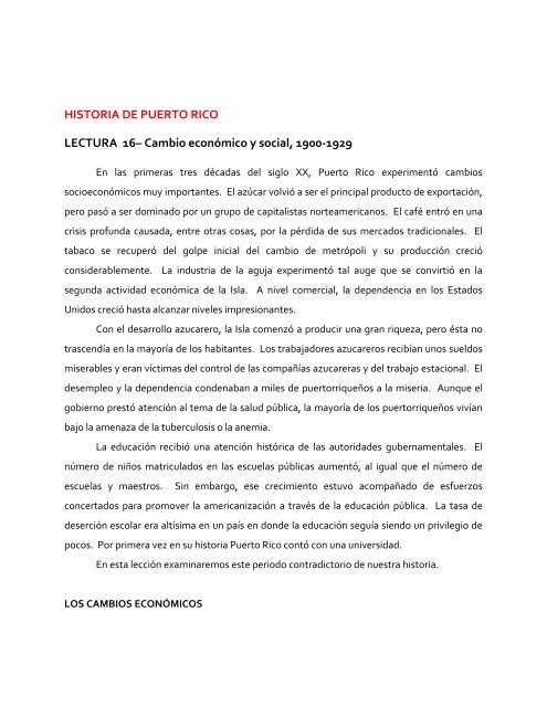 HISTORIA DE PUERTO RICO LECTURA 16 - Repaso de las ...