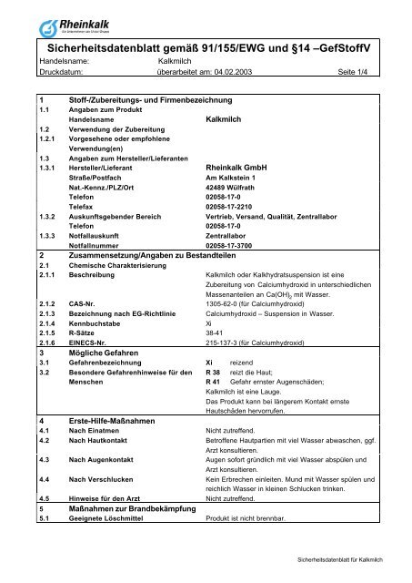 Sicherheitsdatenblatt gemäß 91/155/EWG und §14 ... - Rheinkalk