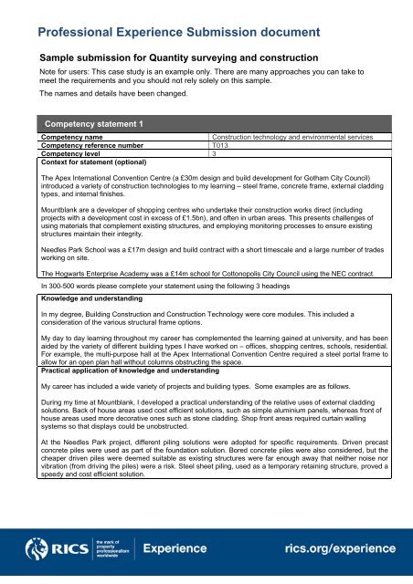 Professional Experience Submission document - RICS