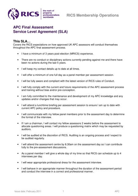 APC Final Assessment Service Level Agreement (SLA) - RICS
