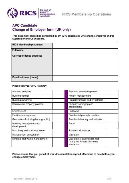 APC Change of employer form - RICS