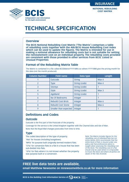 BCIS Notional Rebuilding Matrix Technical Specification - RICS