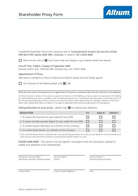 Shareholder Proxy Form pdf - Altium Shareholder Proxy Form pdf - Altium