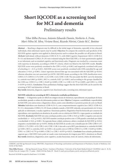 Short IQCODE as a screening tool for MCI and dementia