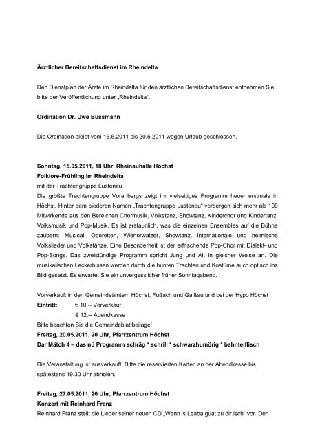 Ärztlicher Bereitschaftsdienst im Rheindelta Den ... - Gemeinde Höchst Ärztlicher Bereitschaftsdienst im Rheindelta Den ... - Gemeinde Höchst