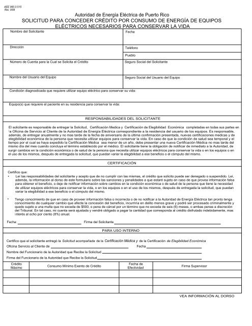Autoridad de Energía Eléctrica de Puerto Rico SOLICITUD PARA ...