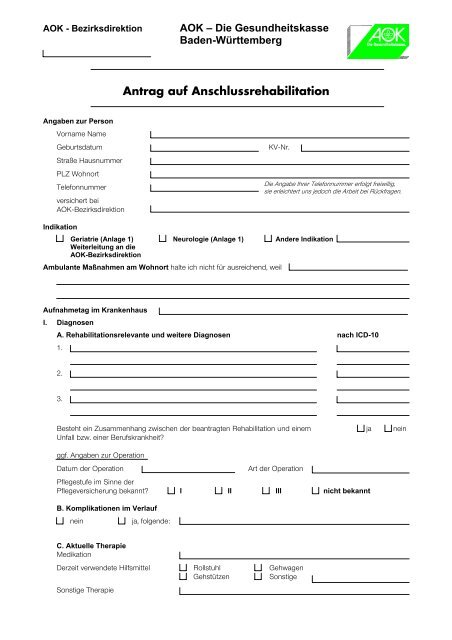 AOK: Antrag auf Anschlussrehabilitation
