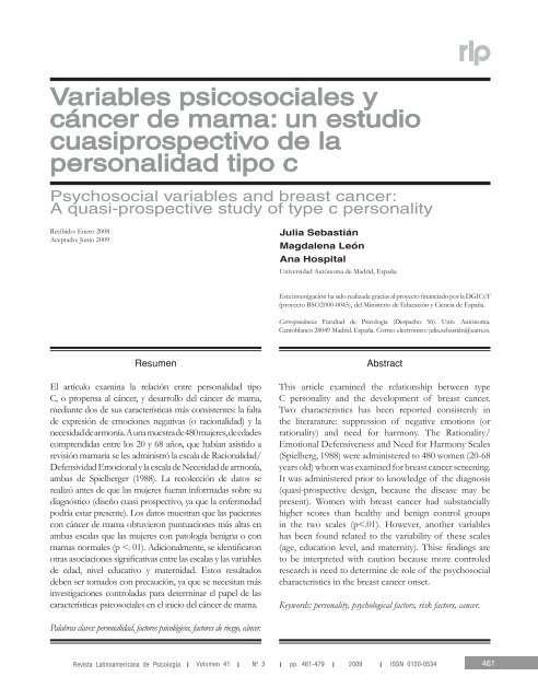 Variables psicosociales y cáncer de mama: un estudio ...