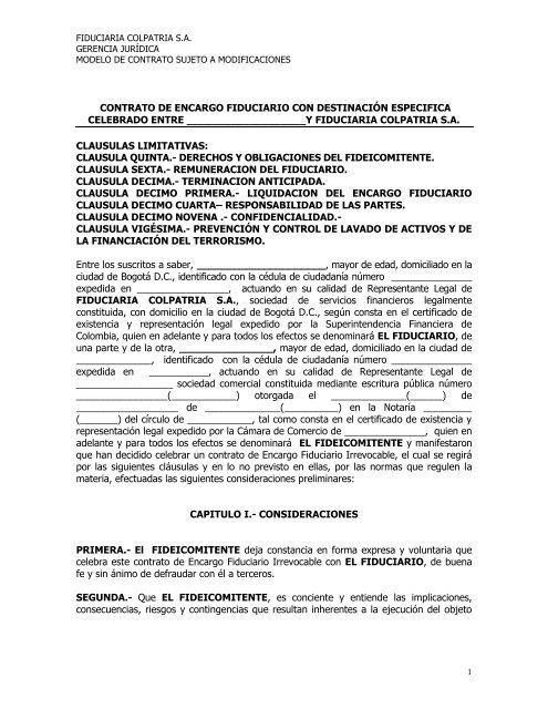 CONTRATO DE ENCARGO FIDUCIARIO CELEBRADO ... - Colpatria