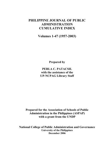 PHILIPPINE JOURNAL OF PUBLIC ADMINISTRATION - UP-NCPAG