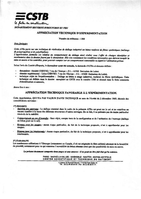 Appréciation technique d'expérimentation du CSTB sur CHRYSO ...