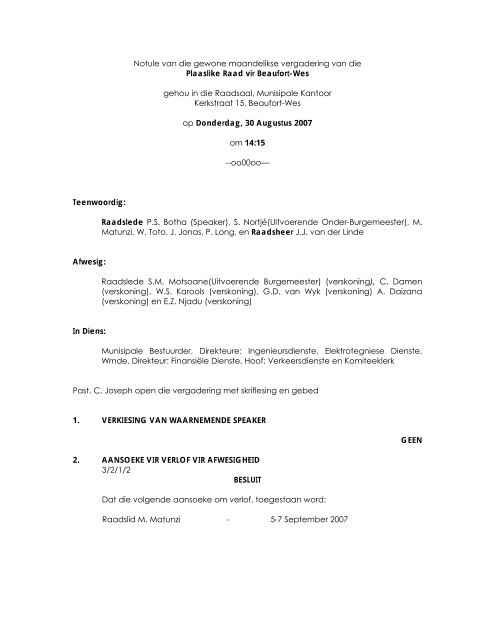 Notule van die gewone maandelikse vergadering van die