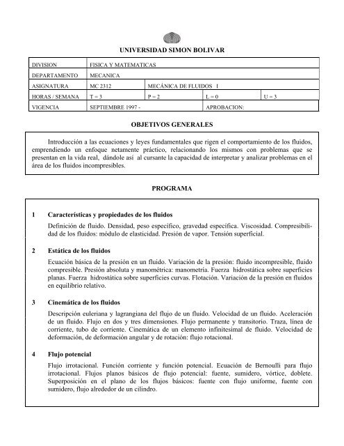 MC2312 - Mecánica de Fluidos I - Departamento Mecánica MC2312 - Mecánica de Fluidos I - Departamento Mecánica
