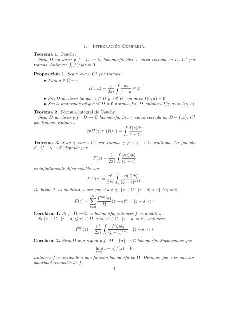 1. Integración Compleja. Teorema 1. Cauchy. Sean D un disco y f ...