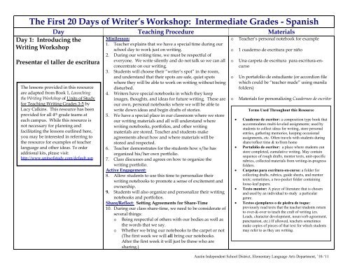 The First 20 Days of Writer's Workshop: Intermediate Grades - Spanish