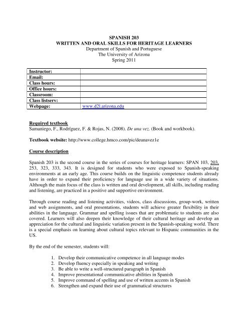 Sample syllabus of the course - University of Arizona