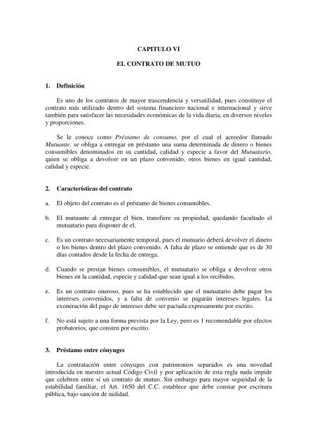 CAPITULO VI EL CONTRATO DE MUTUO 1. Definición Es uno de ...