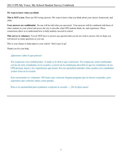 2013 CPS My Voice, My School Student Survey Codebook