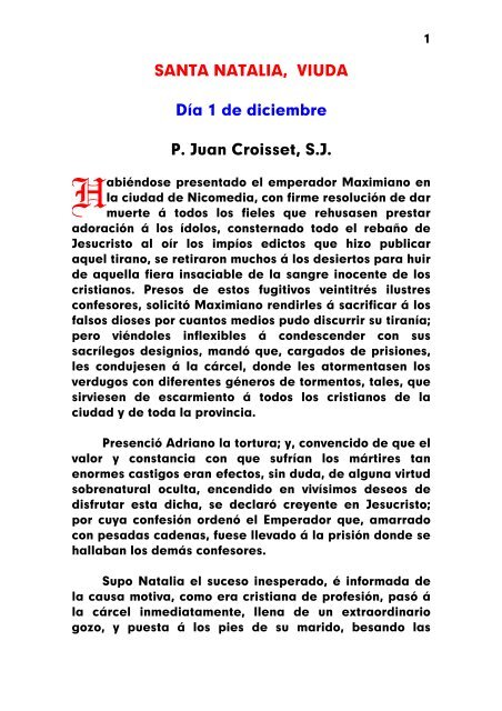 SANTA NATALIA, VIUDA Día 1 de diciembre P. Juan Croisset, S.J.