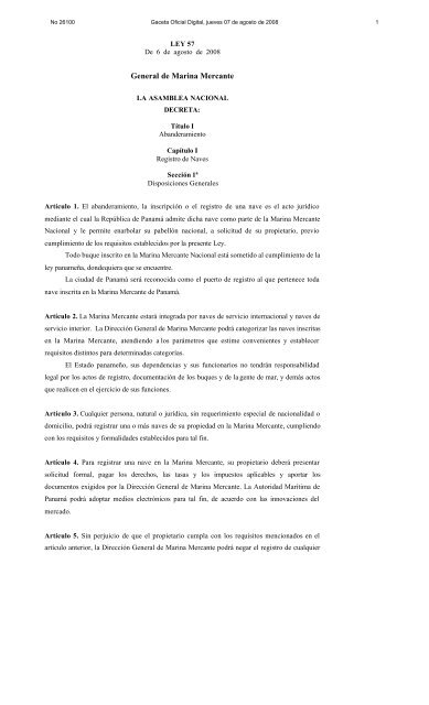 Ley 57 General de Marina Mercante. - Autoridad Marítima de Panamá