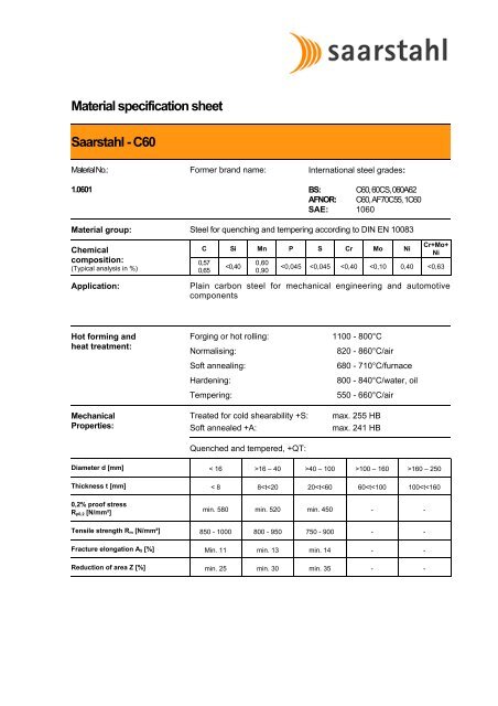 Material specification sheet Saarstahl - C60