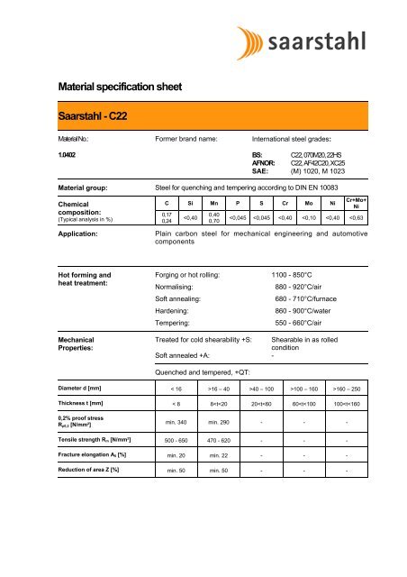 Material specification sheet Saarstahl - C22