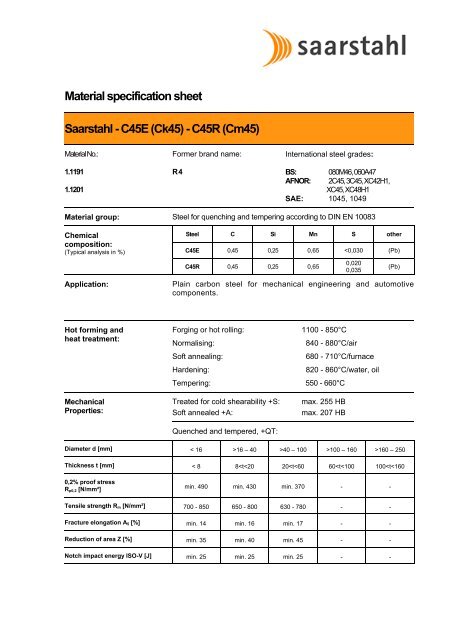 Material specification sheet Saarstahl - C45E (Ck45) - C45R (Cm45)